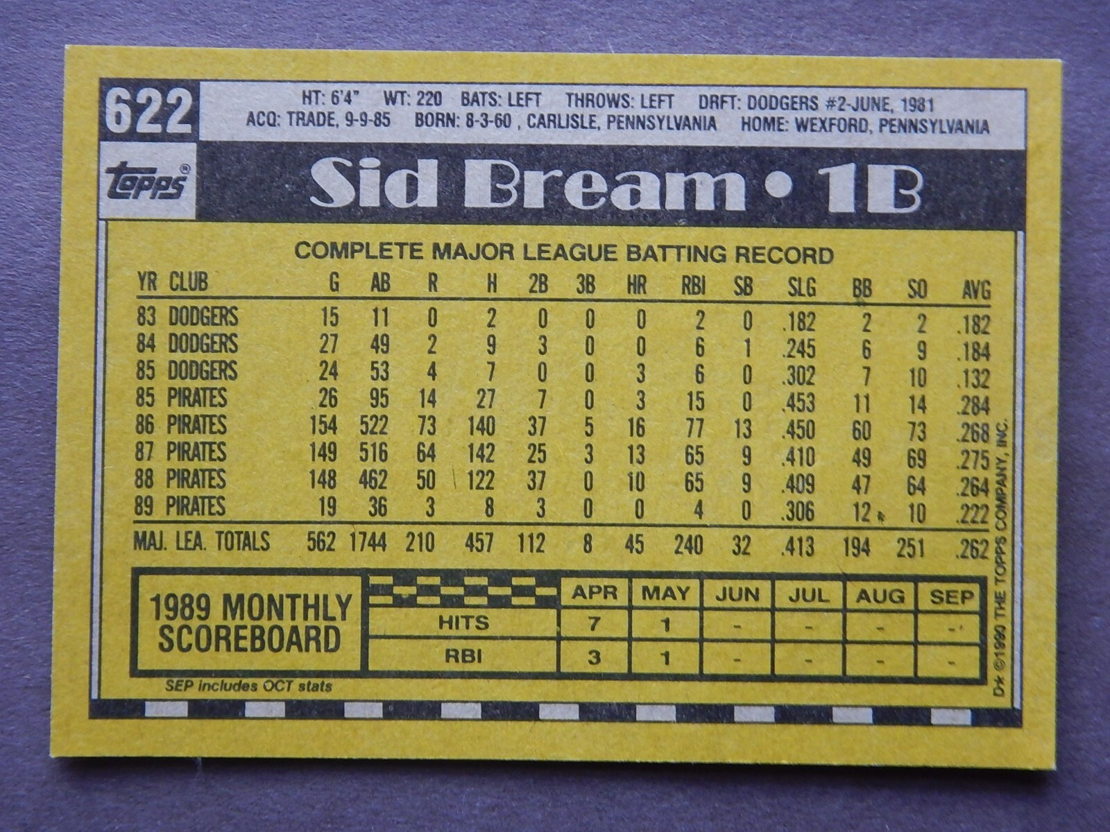 Sid Bream #622 Topps 1990 Baseball Card (Pittsburgh Pirates) VG | eBay