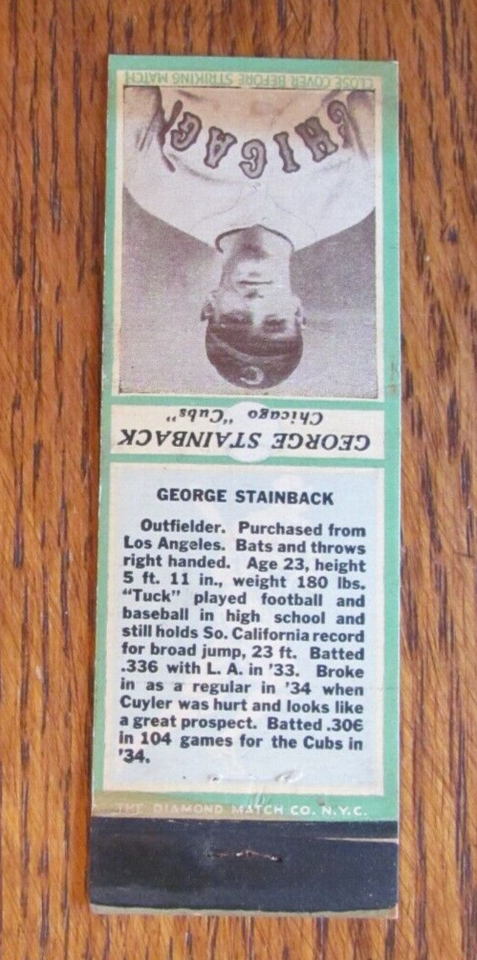1935 BASEBALL MATCHBOOK MATCHCOVER: GEORGE STAINBACK CHICAGO CUBS ...