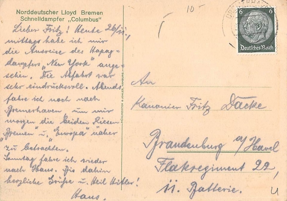 SS COLUMBUS AT SEA ~ NORD-DEUTSCHER LLOYD LINE, ARTIST IMAGE ~ used ...