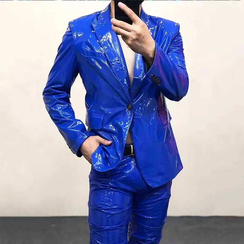 Men's Leather Long Sleeve Suits Jacket Male Slim PVC Overcoat Business ...
