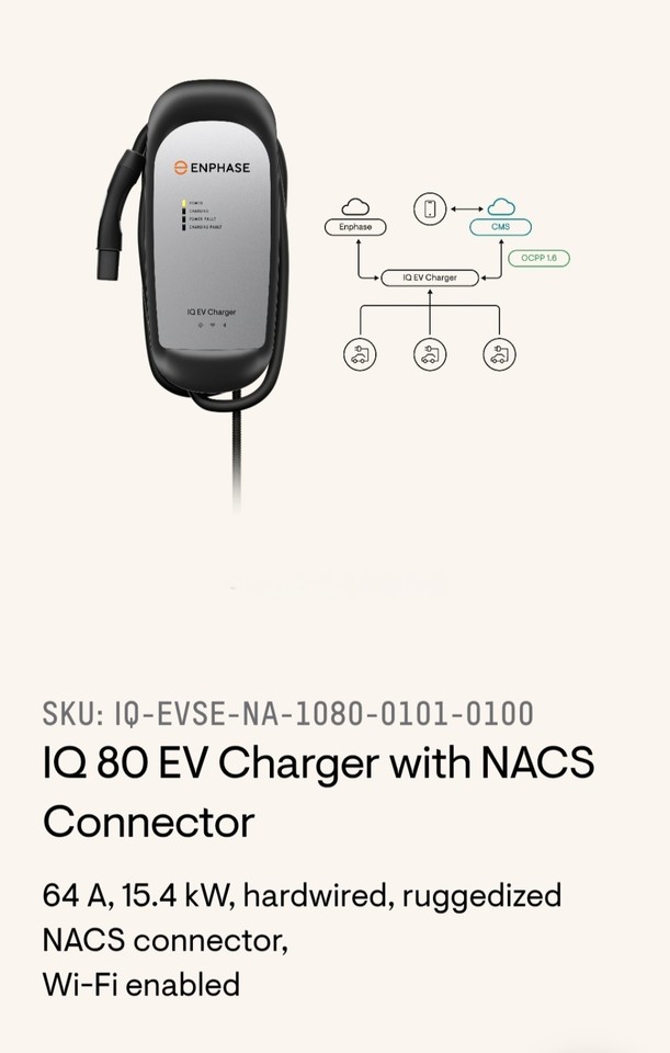 Enphase IQ 80 Level 2 EV Car Charger Station 64A 240V Hardwired 25ft ...