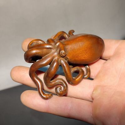 Vintage Wooden Octopus Statue Carving Wood Carved Figure Decor Children ...