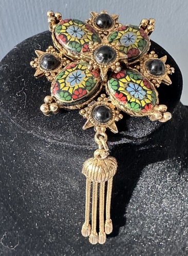 Moroccan Matrix Glass Brooch Flower Tassel Chains 3 5/8" Vintage Signed ...
