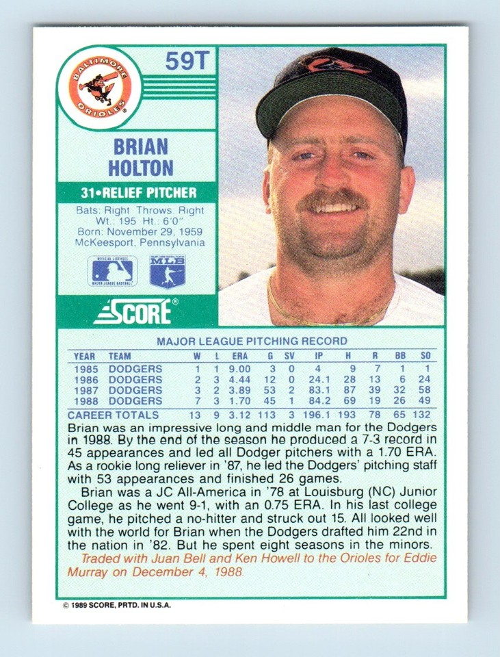 1989 Score Rookie & Traded Brian Holton Baltimore Orioles #59T | eBay