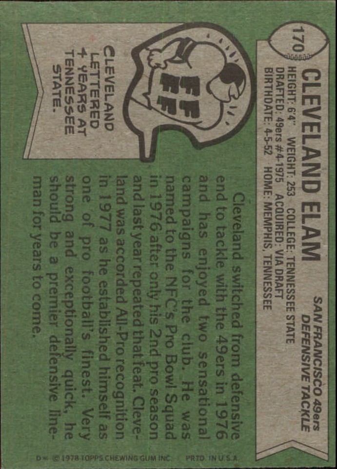 1978 Topps Football Card #170 Cleveland Elam - NM | eBay