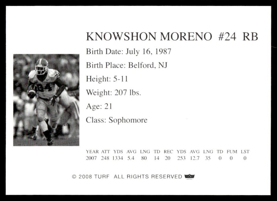 2008 Turf Knowshon Moreno Rookie Georgia Bulldogs #24 | eBay