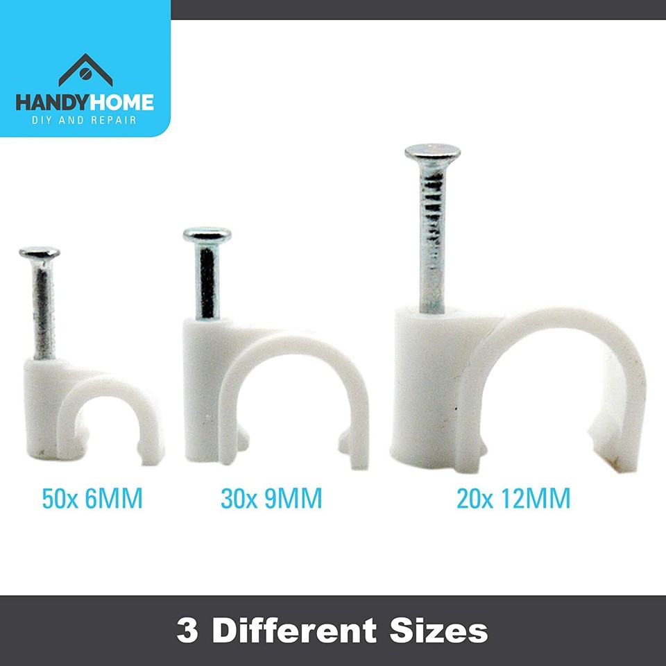 100 Pack White CABLE CLIPS 3 Assorted Sizes Wall Tacks Wire Cord ...
