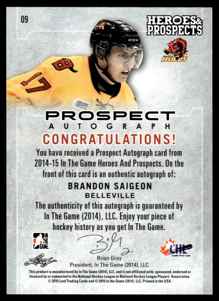 2014-15 Leaf ITG Prospect auto 04/50 Brandon Saigeon Auto Belleville ...