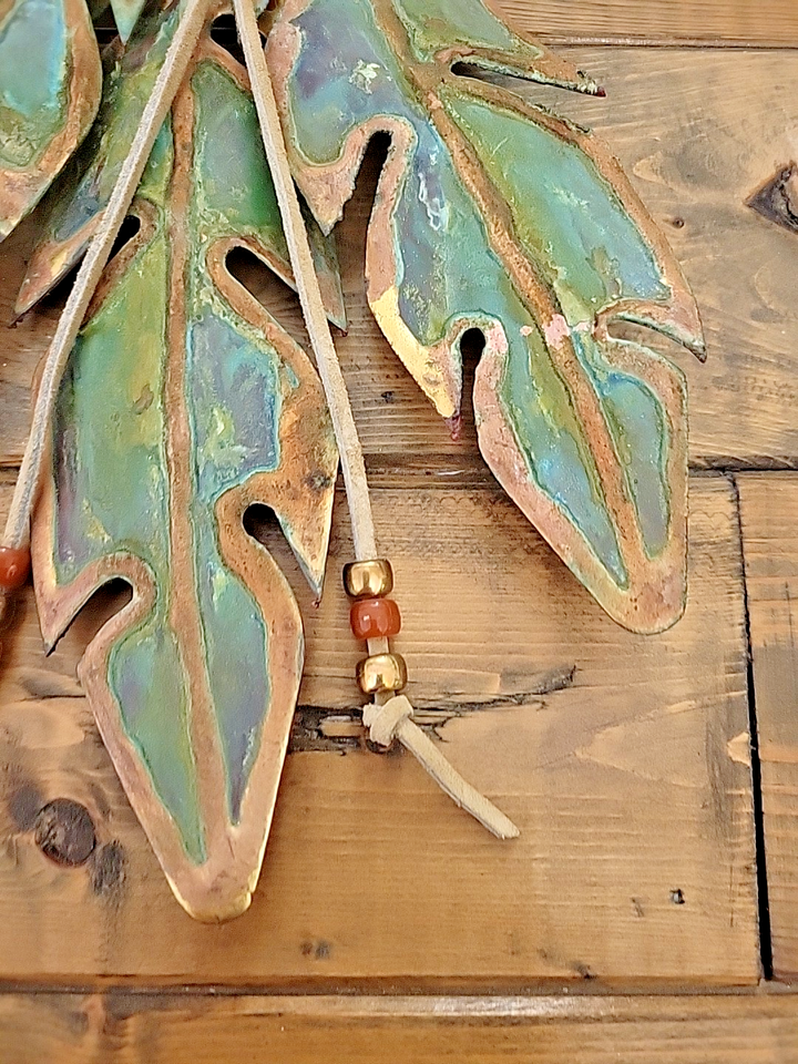 HANGING 5.5 x 10.5 METALLIC Feathers w/ LEATHER BEADED ROPE Native ...