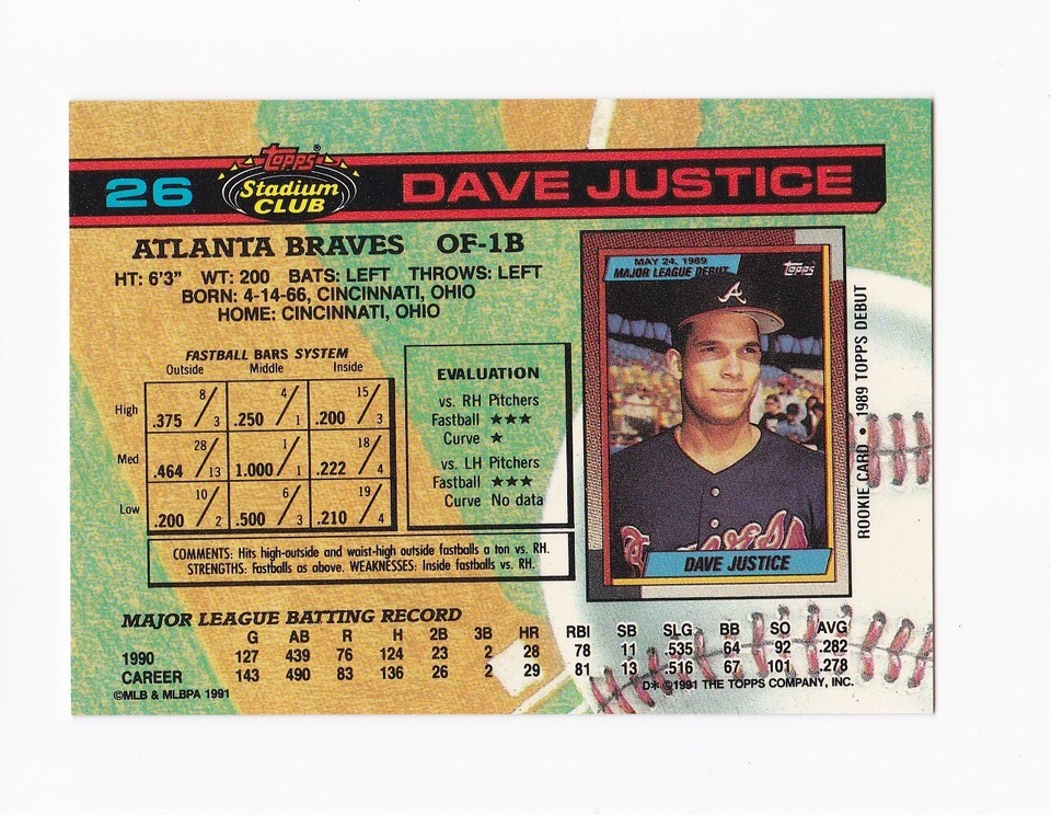 1991 Topps Stadium Club #26 Dave Justice Atlanta Braves | eBay