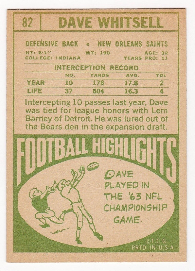 DAVE WHITSELL 1968 Topps Football # 82 New Orleans Saints Ex Plus | eBay