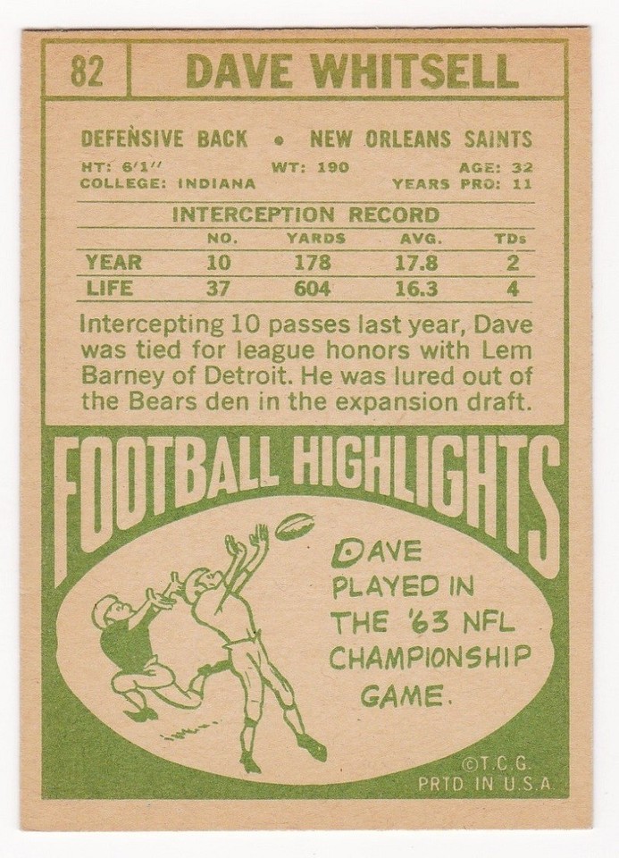 DAVE WHITSELL 1968 Topps Football # 82 New Orleans Saints Ex Plus | eBay