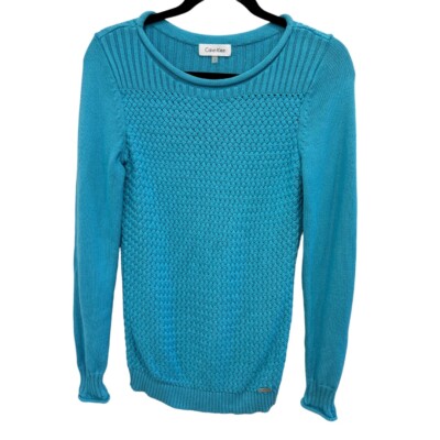 Calvin Klein Long Sleeve Cotton Blend Knit Turquoise Sweater Size Small ...
