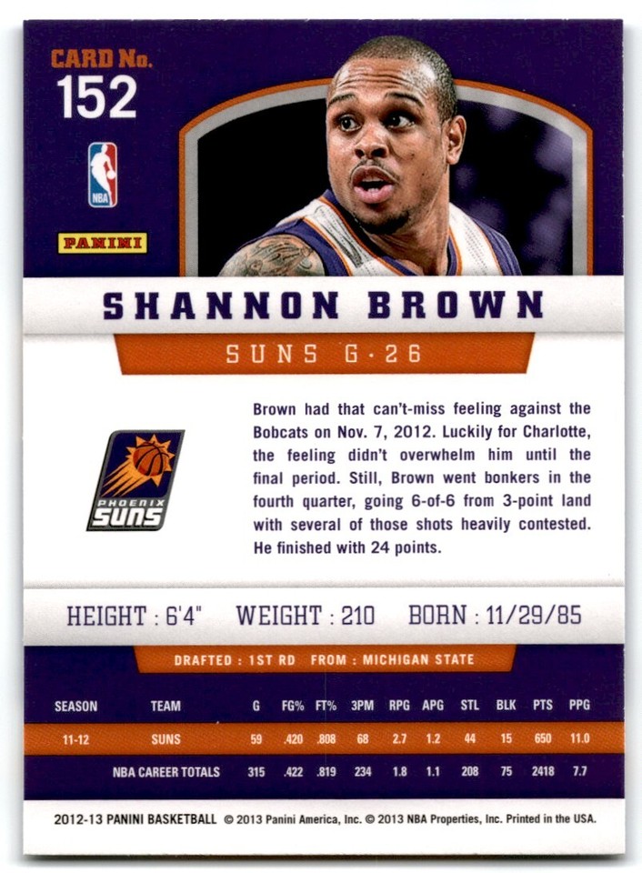 2012-13 Panini Shannon Brown Phoenix Suns #152 | eBay