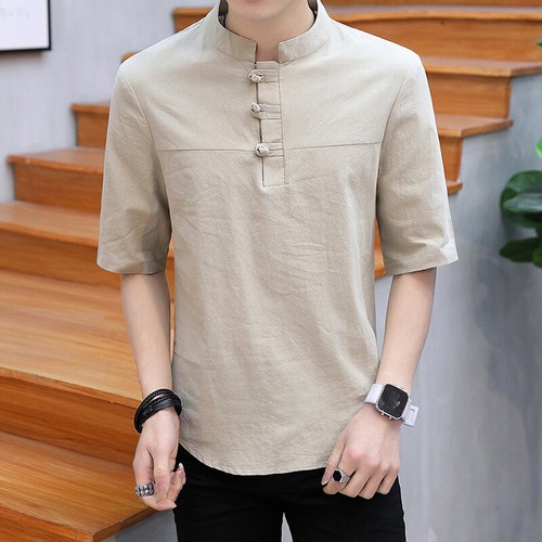 Summer Men Chinese Style Button Stand Collar Cotton Linen Short-Sleeved ...