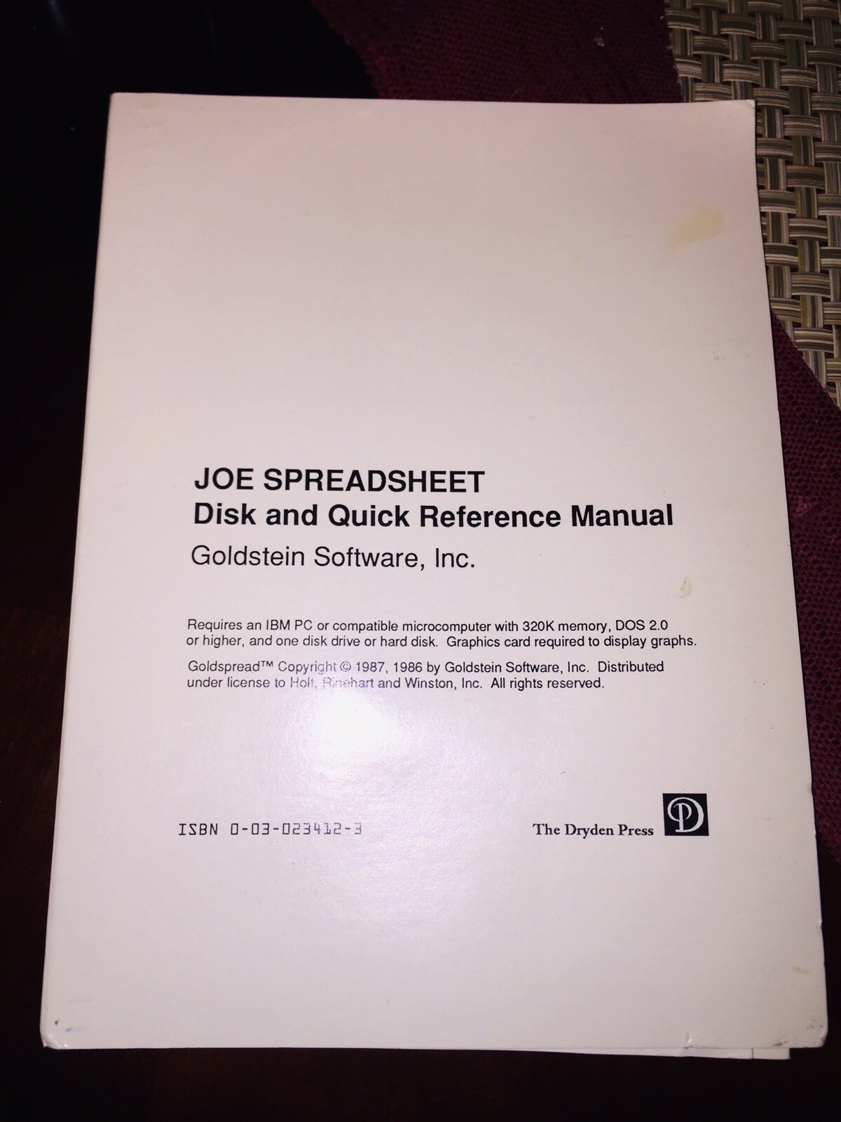 Joe Spreadsheet Goldstein Software/Manual for IBM PC 1987 5 1/4 5.25 ...