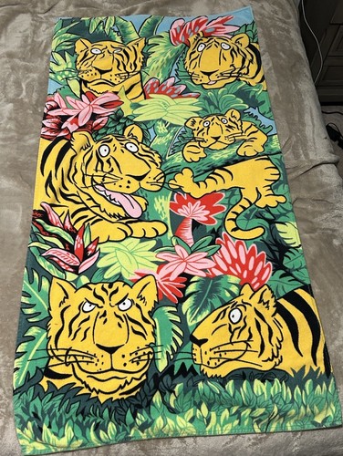 Vintage Graphic Jungle Cartoon Tiger Beach Towel Summer Pool Sun 4ft x ...