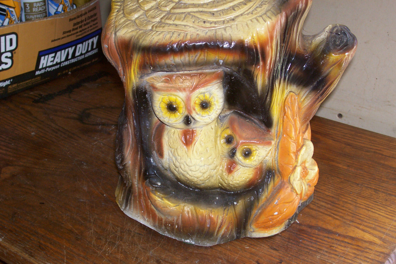 Large Chalkware Bank Owl w/Baby on Oak Stump Vince Rullo Statuary 1990 ...