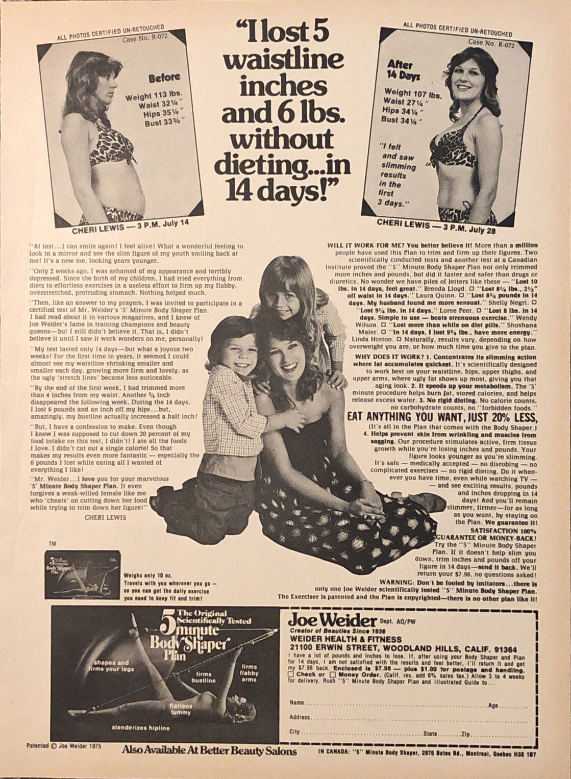 1975 Joe Weider 5 Minute Total Body Shaper Plan PRINT AD Cheri Lewis ...