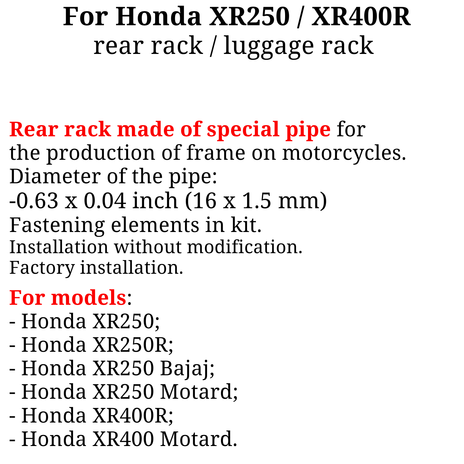 For Honda XR 400 rear rack XR 250 R rear luggage rack XR400R Motard ...