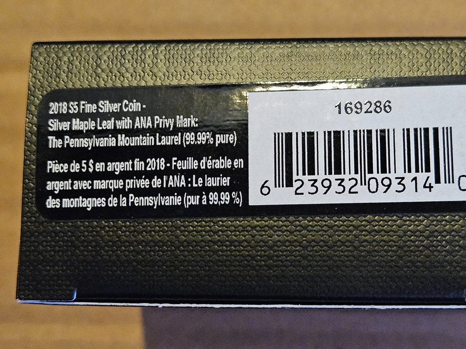 2018 $5 silver maple leaf with ANA privy mark :Pennsylvania mountain ...