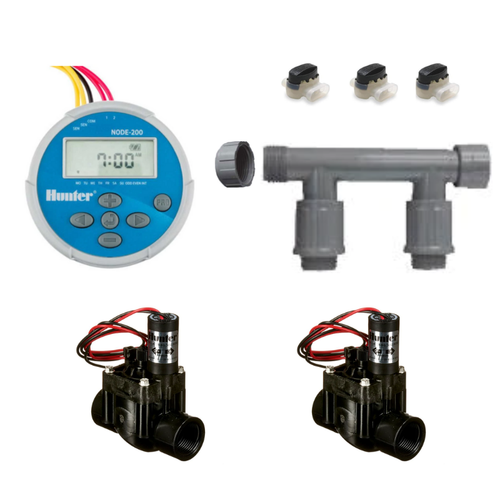 Hunter Node 200 Kit includes 2 Station Controller, valves & manifold ...