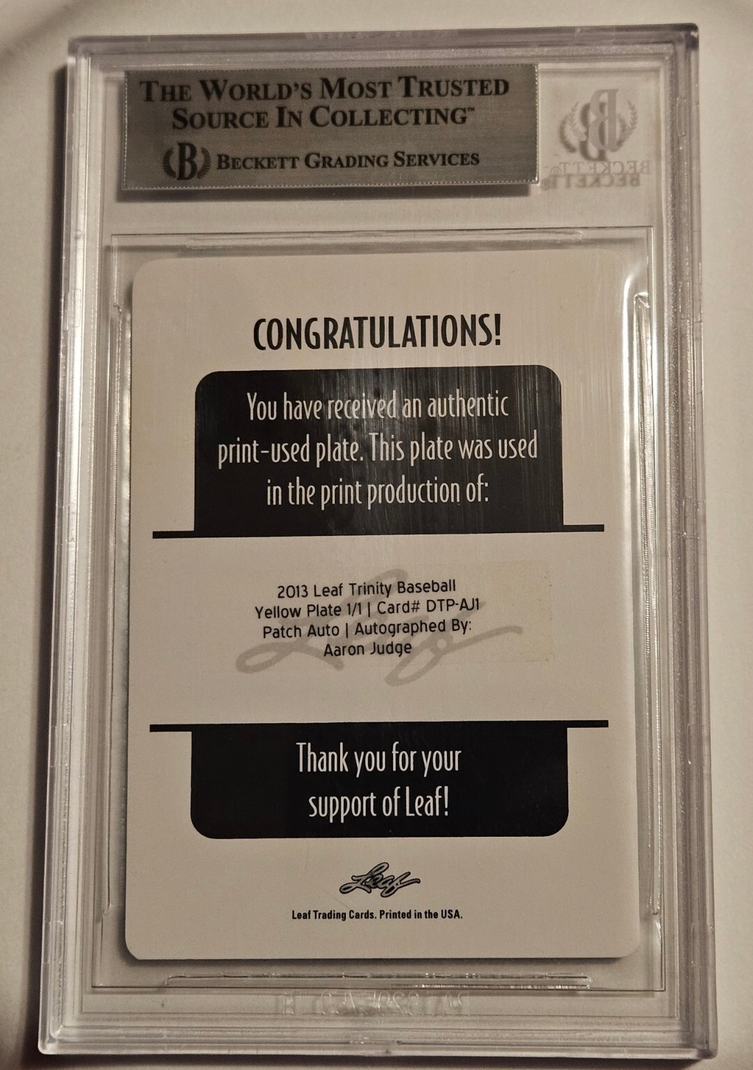 AARON JUDGE 2013 Leaf Trinity 1 of 1 PRINTING PLATE auto ROOKIE RC BGS ...