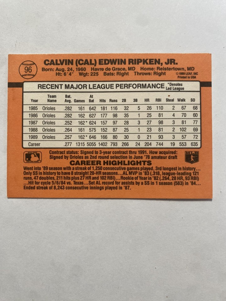 1990 Donruss Cal Ripken Jr. #96 ERROR Card. Extremely Rare See Pictures ...