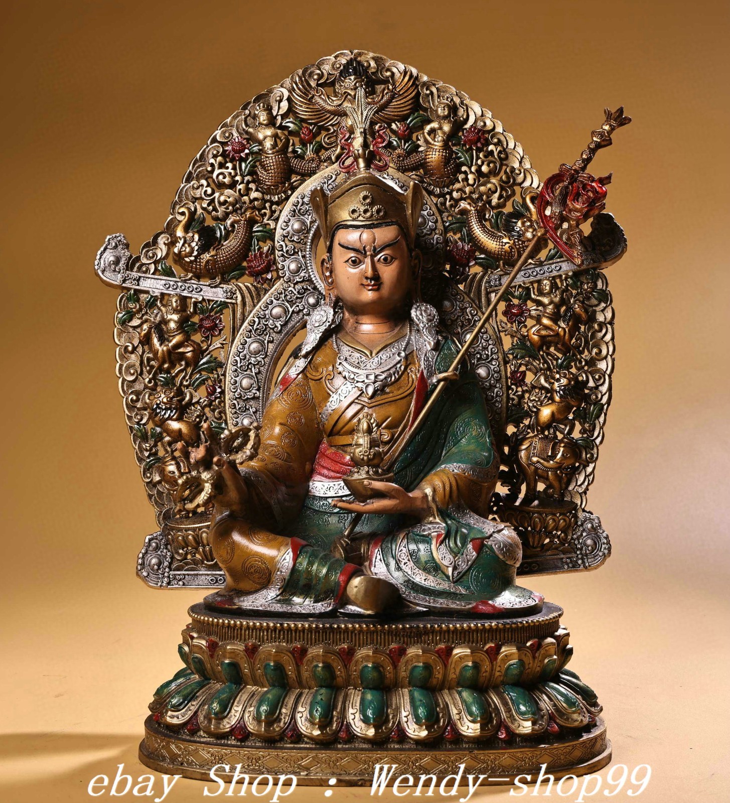 12.9'' Old Tibet Pure Bronze Gilt Painting Guru Padmasambhava Rinpoche ...