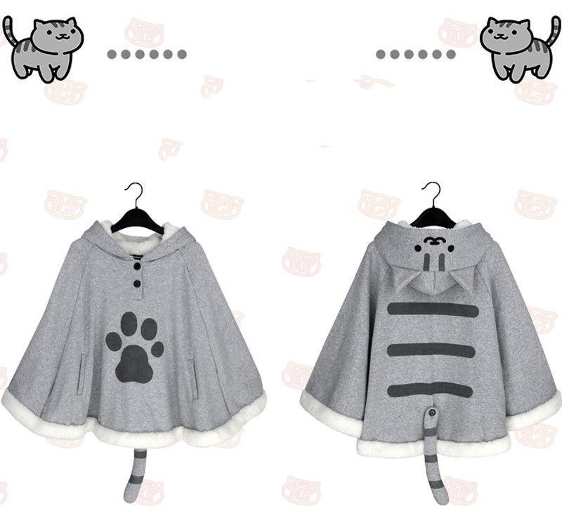 Neko Atsume Cat Womens Lolita Hooded Cape Cloak Tail Sweatshirt Spring ...