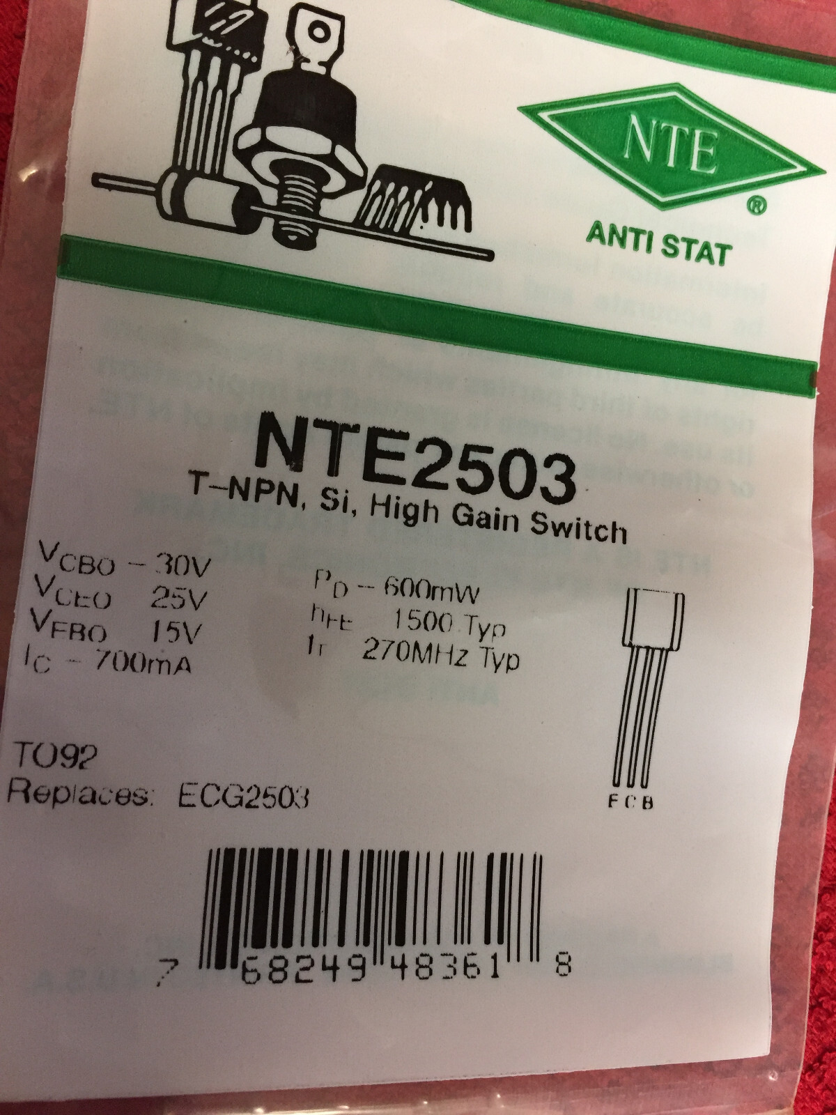 NTE2503 NPN Silicon Transistor, High Gain Switch, TO92 Type Package ...