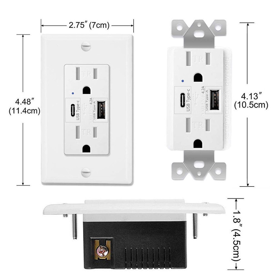 Electrical Outlet Panel Wall Socket AC Power Receptacle with USB-C USB ...