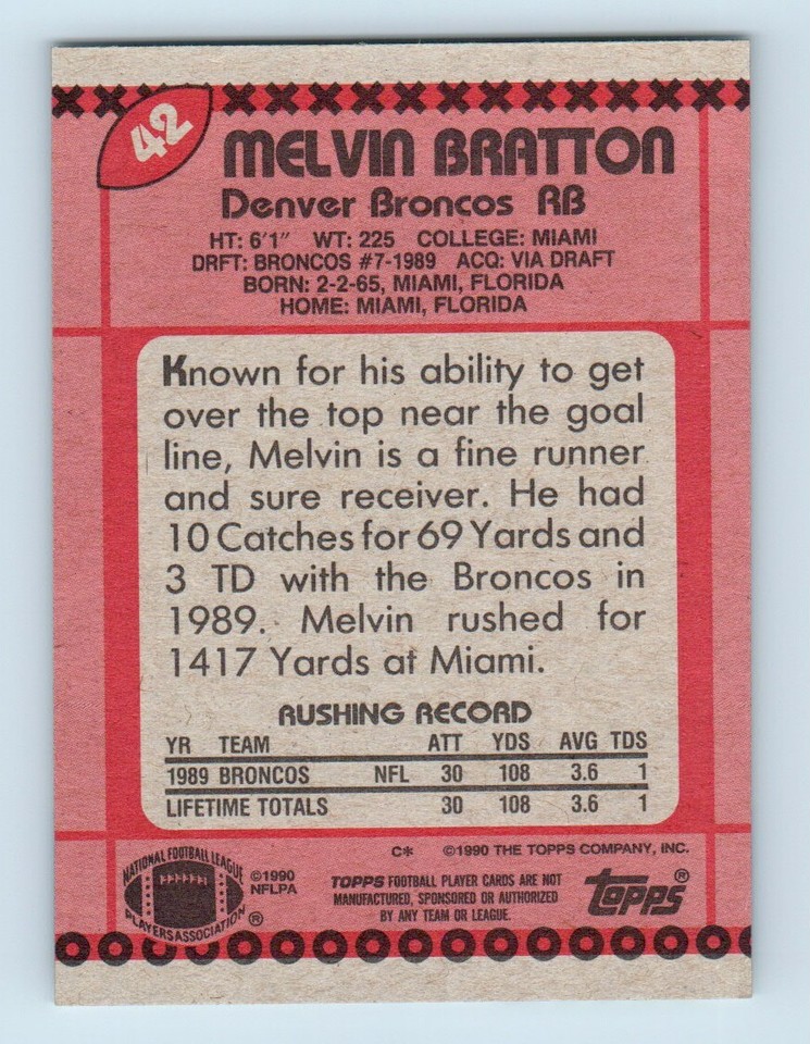 1990 Topps Melvin Bratton Denver Broncos #42 | eBay