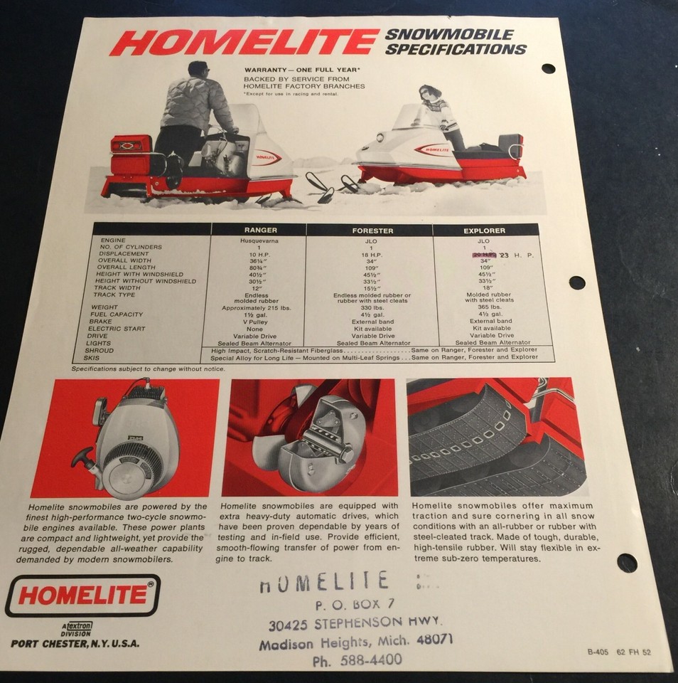 RARE VINTAGE 1969 HOMELITE SNOWMOBILE SALES BROCHURE SINGLE PAGE 2 ...