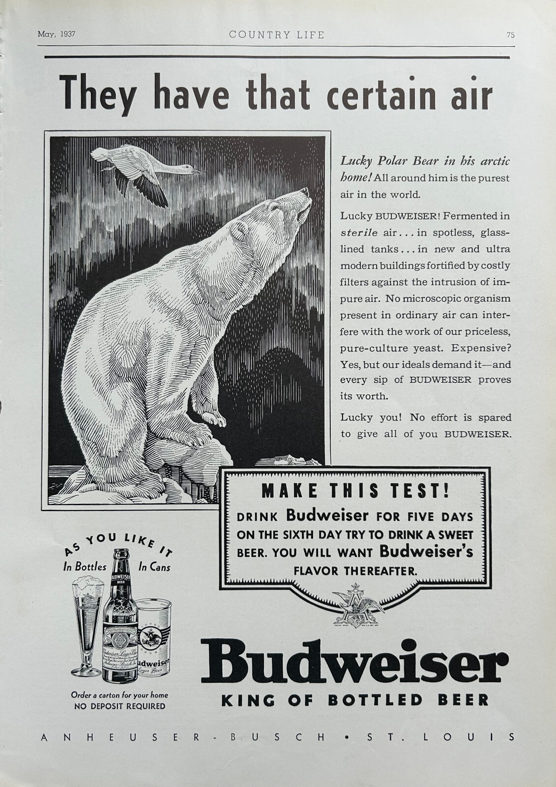 Budweiser Beer Ad 1937, Polar Bear "They Have That Certain Air" 5 Day ...