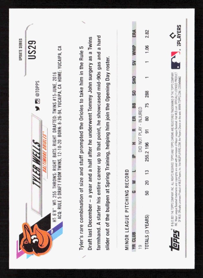 2021 Topps Chrome Update Sapphire Tyler Wells Rookie Card RC #US29 ...