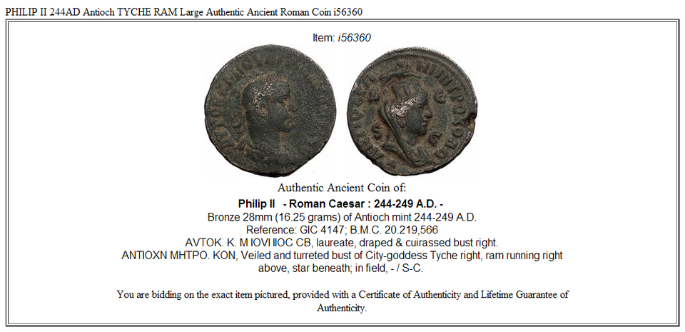 PHILIP II 244AD Antioch TYCHE RAM Large Authentic Ancient Roman Coin ...