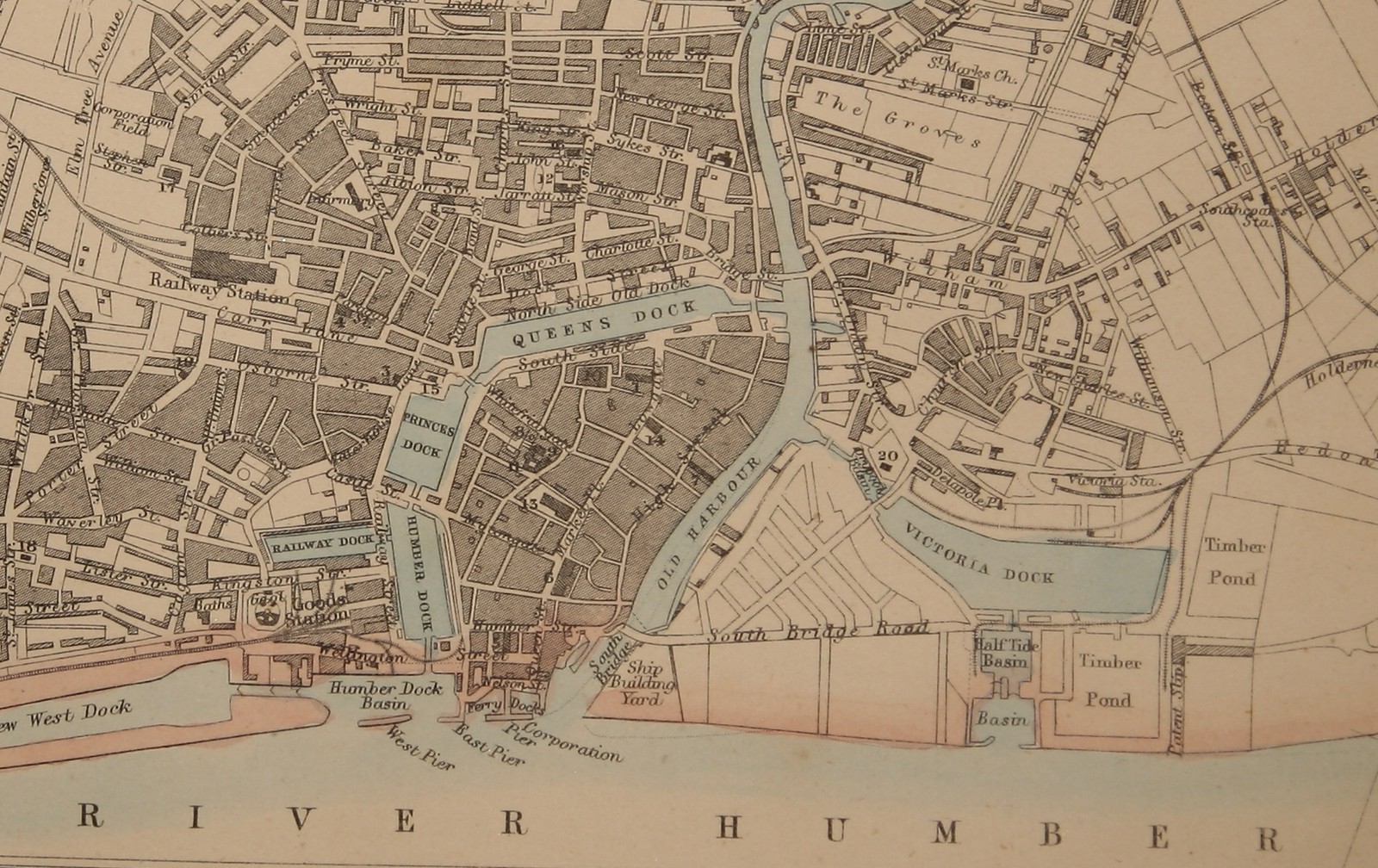 1870 ANTIQUE MAP HULL CITY PLAN TOWN HALL STATIONS CHURCHES POST OFFICE ...