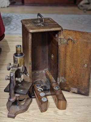 1900s Bausch & Lomb Brass Monocular Scientific Microscope & Wood Case ...