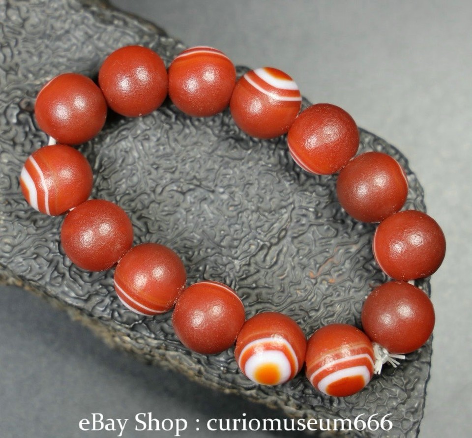 0.6" Old Tibet Buddhism Natural Red Agate Dzi Bead Hand Chain Bracelets ...