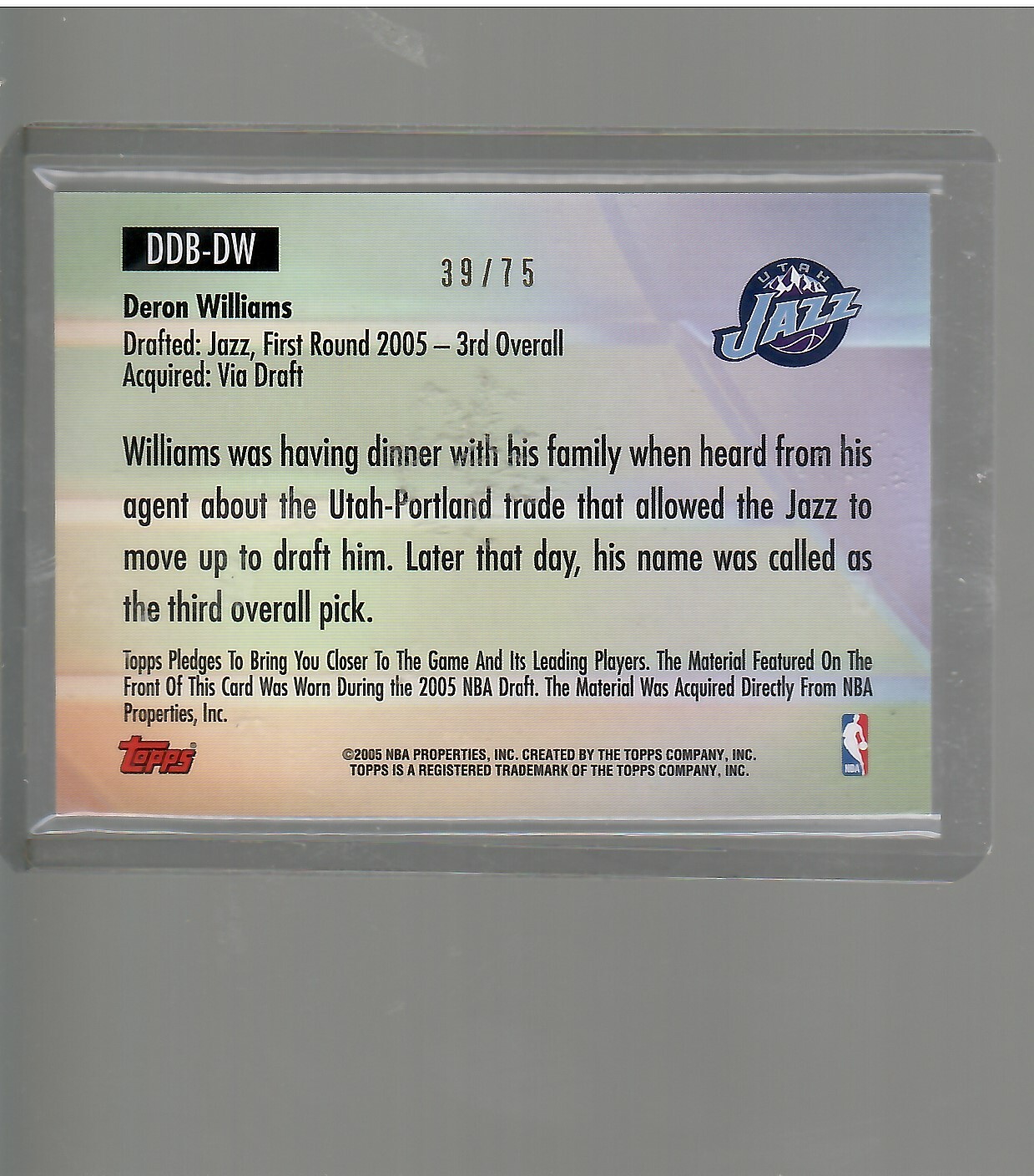 DERON WILLIAMS DRAFT DAY MOMENTS ROOKIE DRAFT DAY JERSEY 39/75 2005 ...