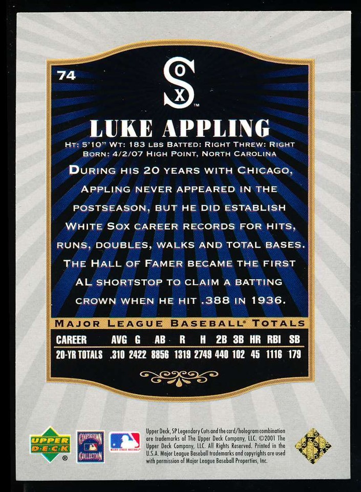 Luke Appling 2001 SP Legendary Cuts Card# 74 | eBay