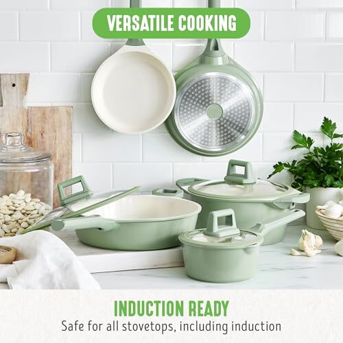 Arte 8 Piece Ceramic Nonstick Cookware Pots 8 Piece Cookware Set Sage ...