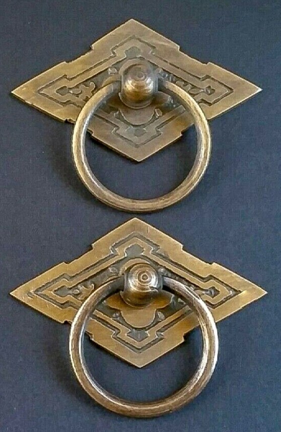 2 x Eastlake Antique Style Brass Ornate Ring Pulls Handles 2-3/8" wide ...