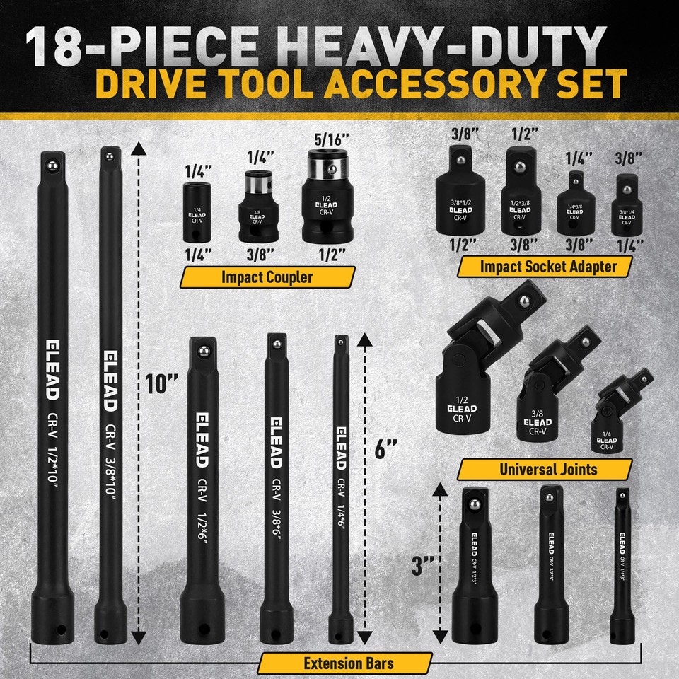 18PC Impact Socket Extension Bar Set Socket Adapter Swivel Joints 1/4 ...