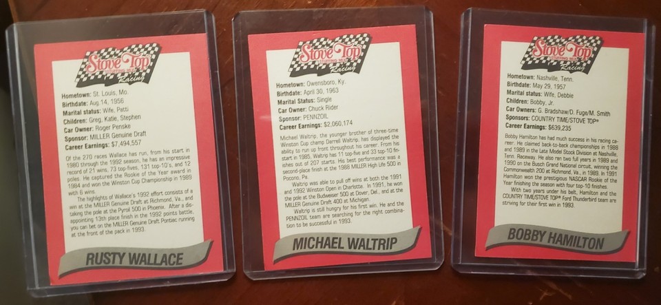 3 Stove Top Racing Cards Bobby Hamilton, Rusty Wallace, Michael Waltrip ...