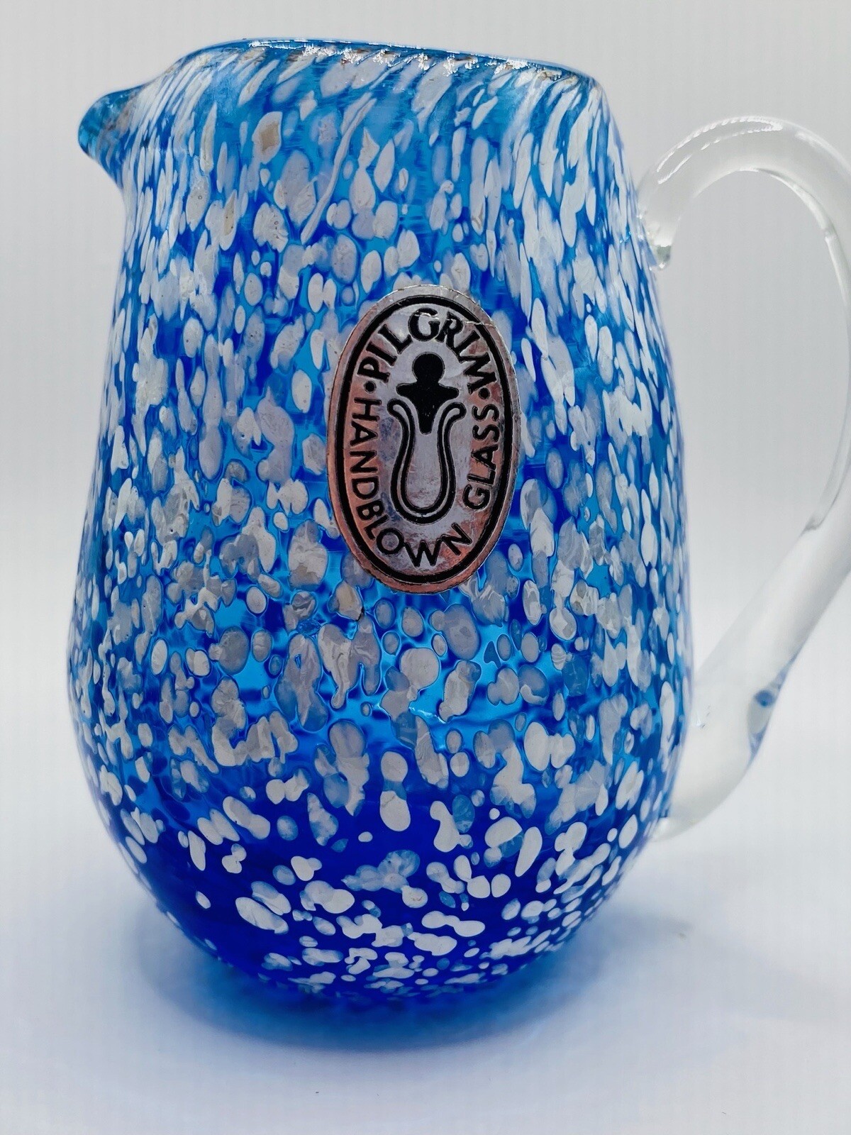 Vtg Pilgrim Blue & White Spatter Glass Mini Pitcher Hand Blown Orig ...