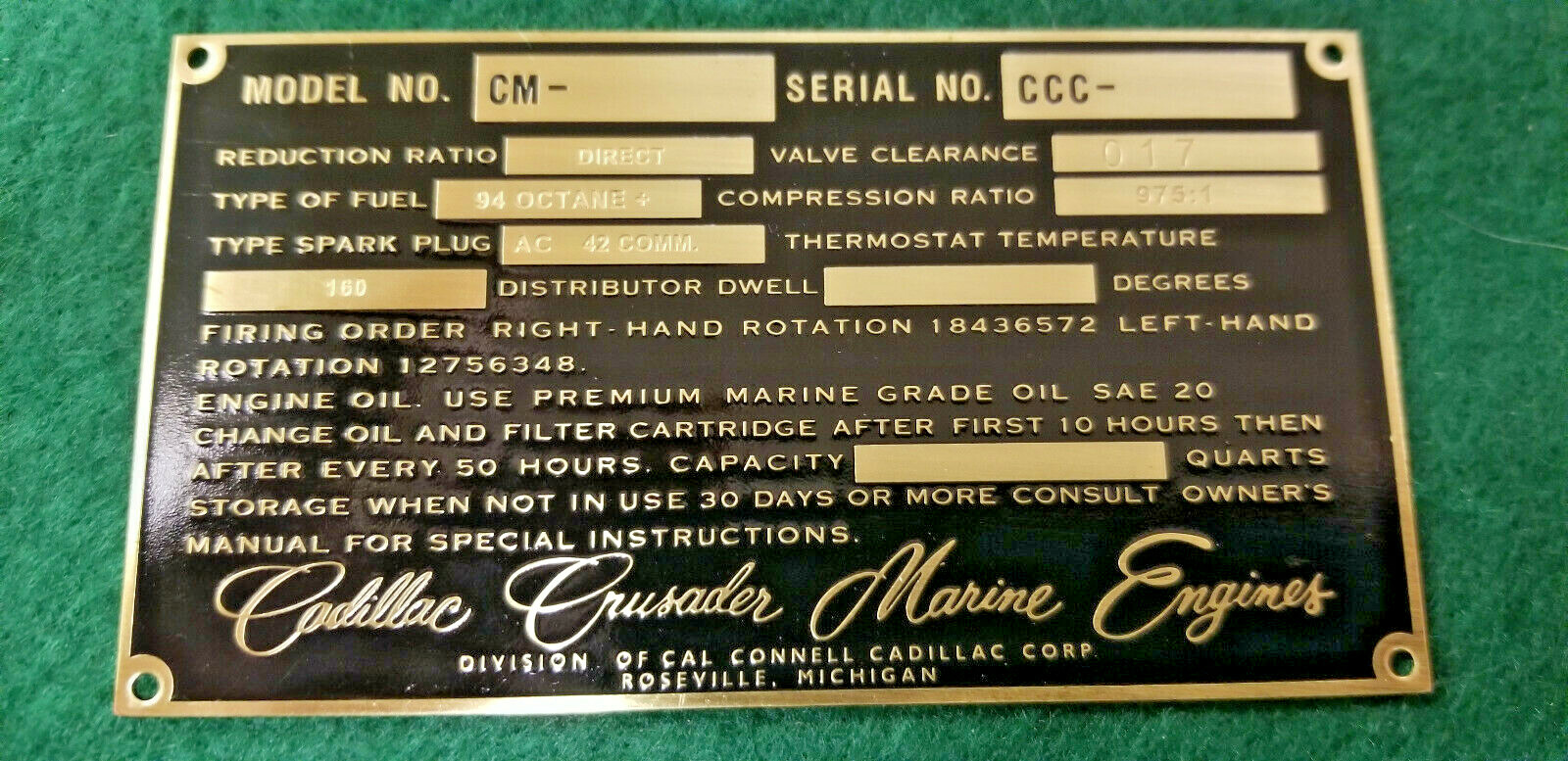 Cadillac Crusader Marine Engine Data Plate Etched Brass - black ...