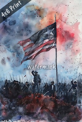 Flag over historical Civil War battle watercolor Art 4x6 Print | eBay