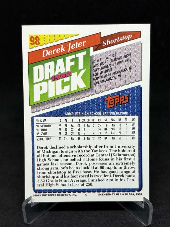 Derek Jeter 1992 Draft Pick Card # 98 Topps 1993 Yankees ROOKIE CARD ...